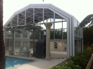 Two story Retractable Pool Enclosure opens with ease